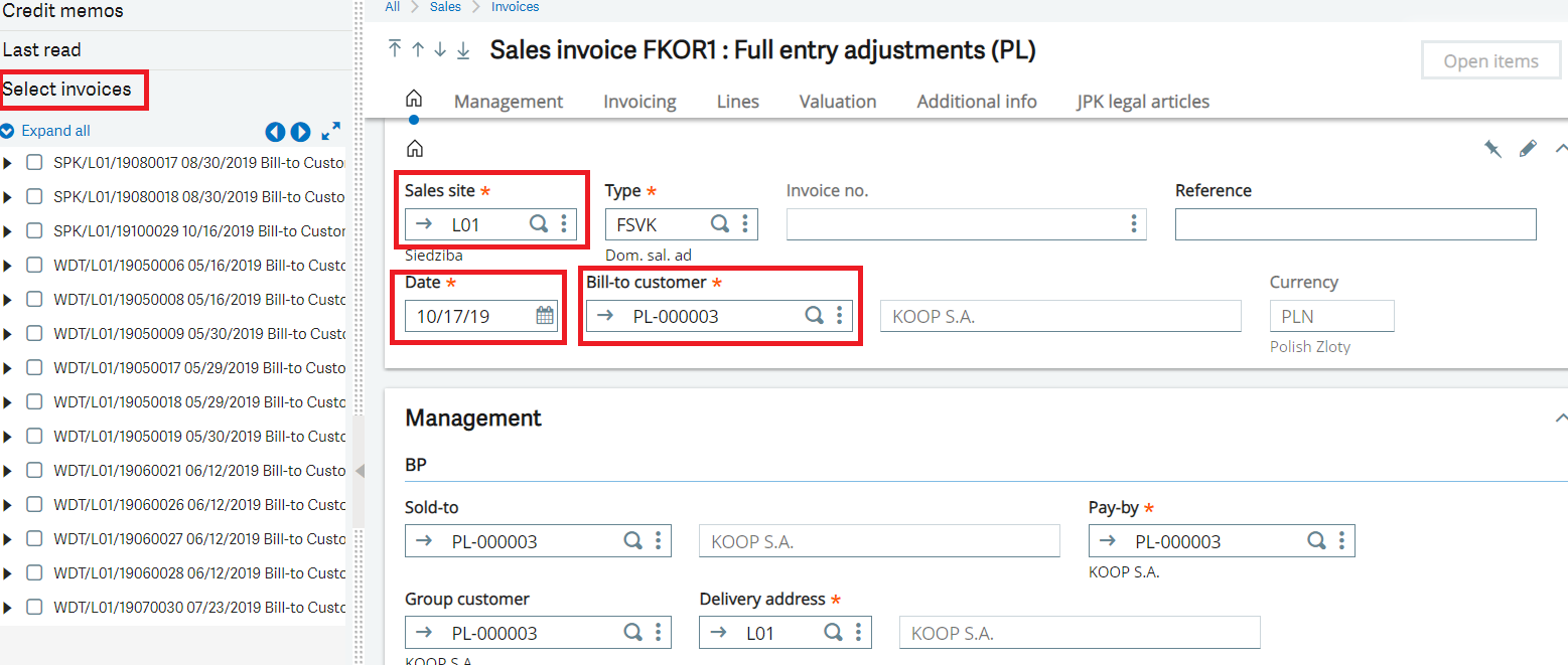 Correction invoices in sales invoices